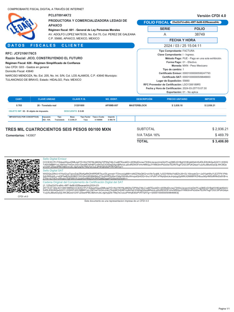 Folio Fiscal: Tres Mil Cuatrocientos Seis Pesos 00/100 MXN | Descargar ...