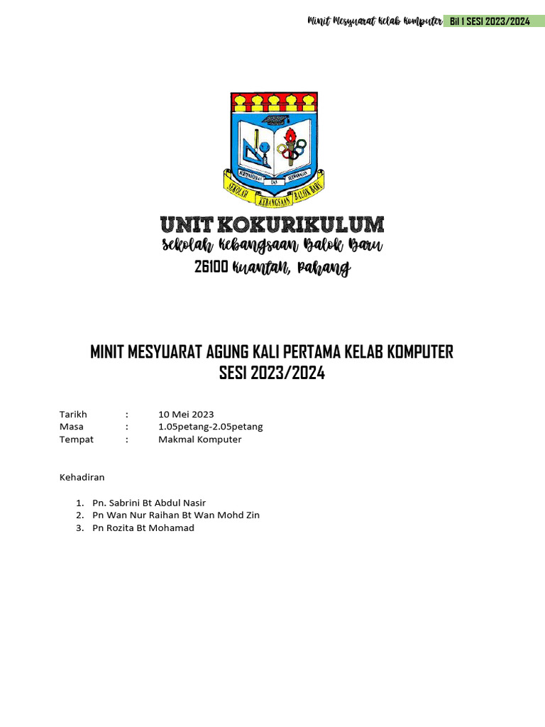 MINIT MESYUARAT BIL 1 SESI 2023 2024 | PDF