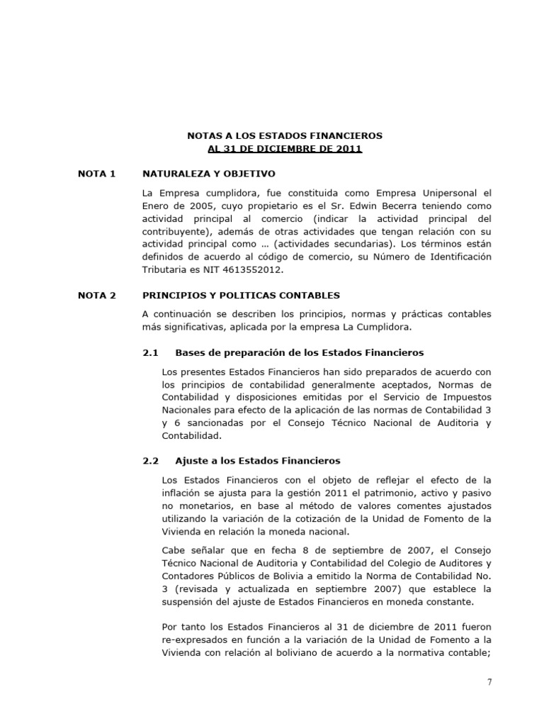 Notas A Los Eeff Empresa Cumplidoraejercicio | PDF | Contabilidad | Auditoría financiera