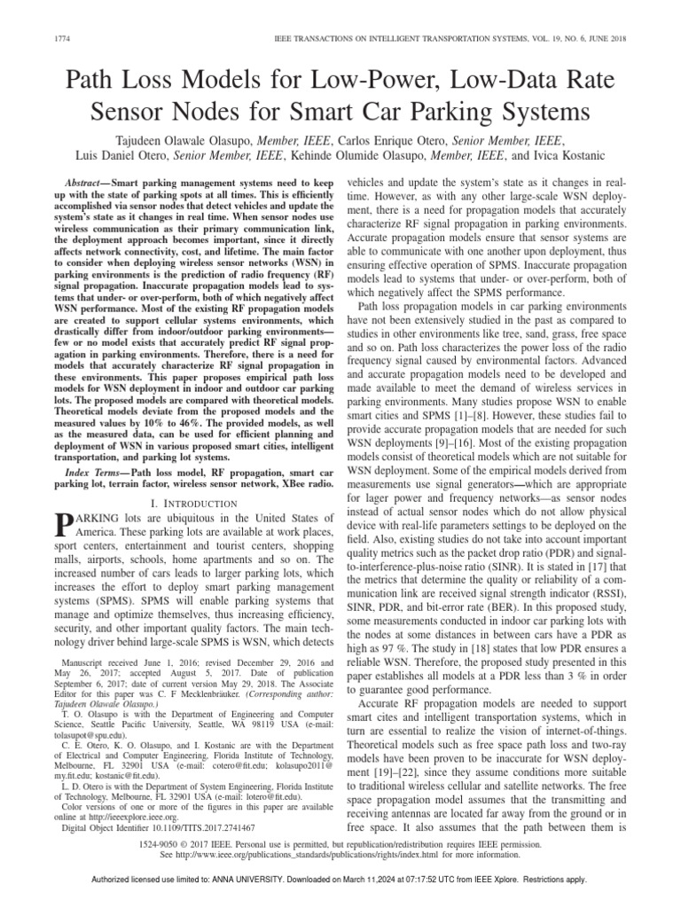 Path Loss Models For Low-Power - Low-Data Rate Sensor Nodes For Smart Car Parking Systems IEEE ...