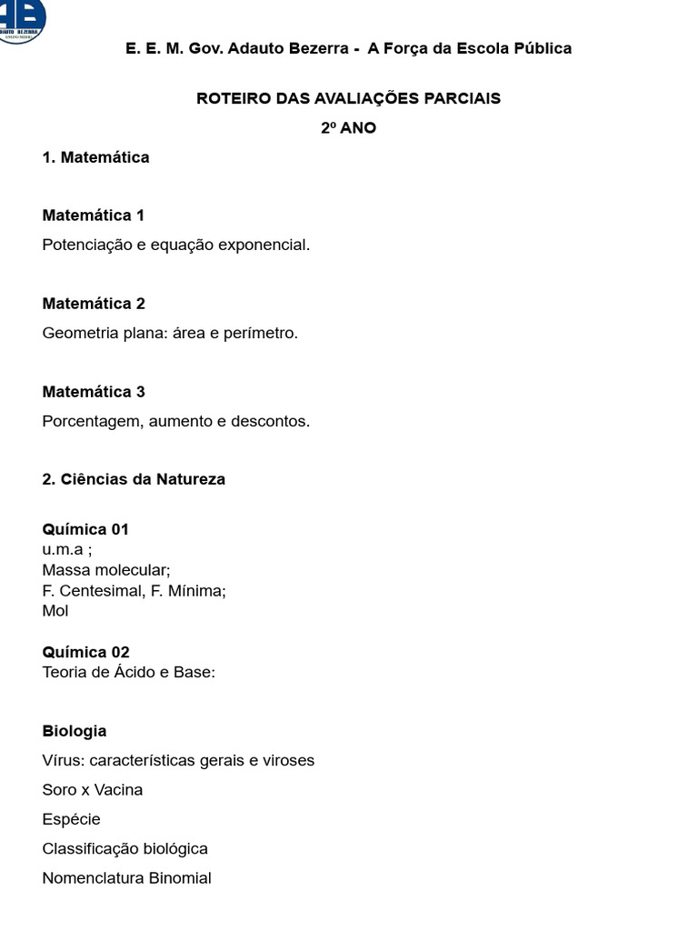Roteiro 2 Ano Prova Bimestral 1º Bimestre | PDF | Ciências Sociais | Ciências e Matemática