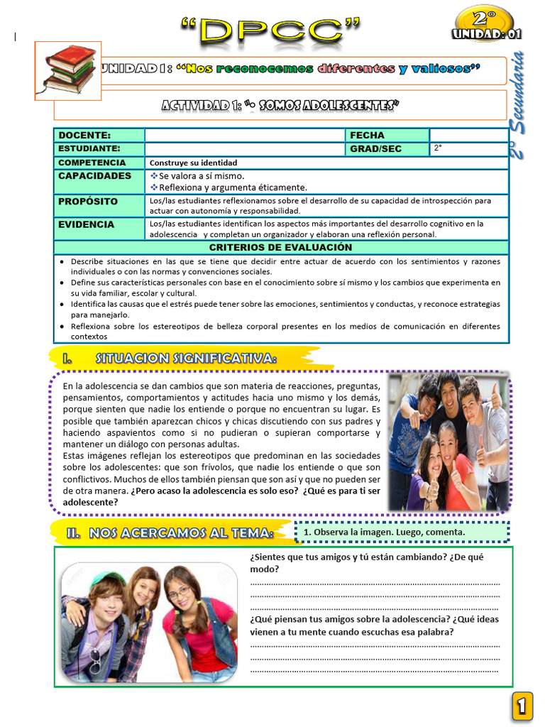 2° DPCC - Actv.01-Unid.1 2024 | PDF | Pensamiento | Adolescencia
