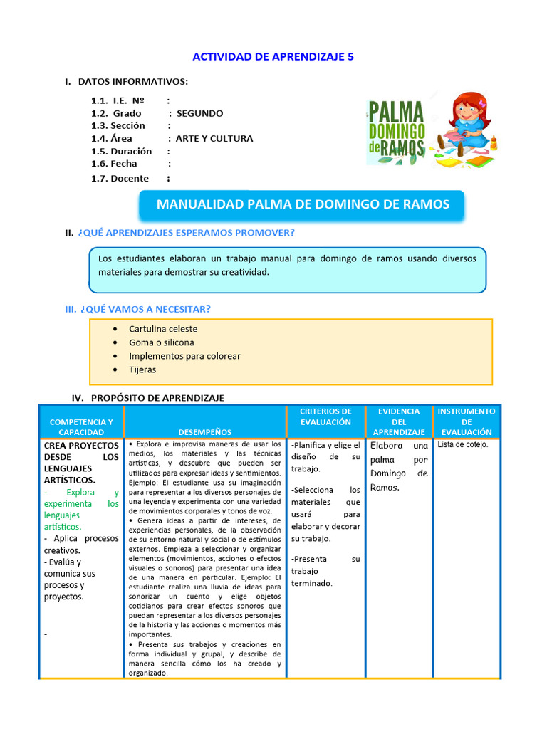D5 A2 Sesion Arte. Manualidad Palma de Domingo de Ramos | PDF | Aprendizaje | Evaluación