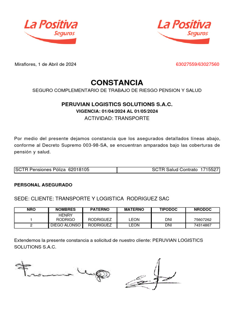Transporte y Logistica Rodriguez Sac | PDF | Póliza de seguros | Seguro
