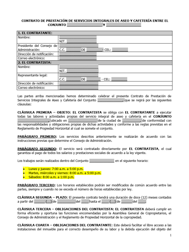Modelo de Contrato de Prestación de Servicios Integrales de Aseo y Cafetería | PDF | Condominio ...
