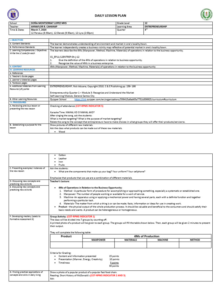 ENTREP DLL Week 5 4Ms of Production CO2 | PDF | Learning | Cognition