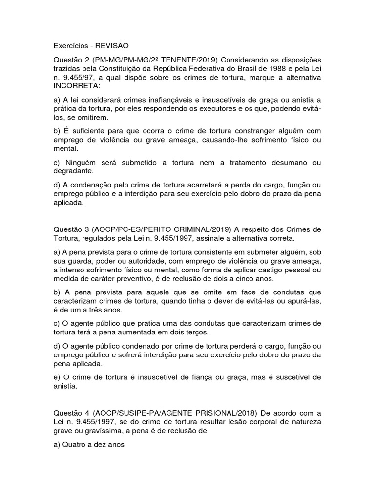 Exercícios Av1 - 2024 | PDF | Crimes | Crime e Violência
