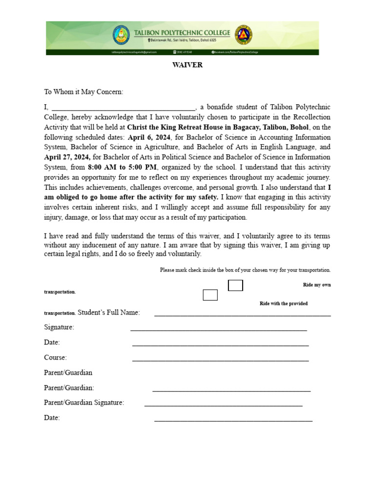 Talibon Polytechnic Recollection Waiver | PDF | Career & Growth