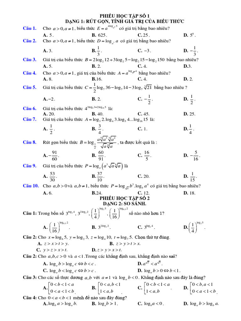 PHIẾU BT LOGARIT | PDF