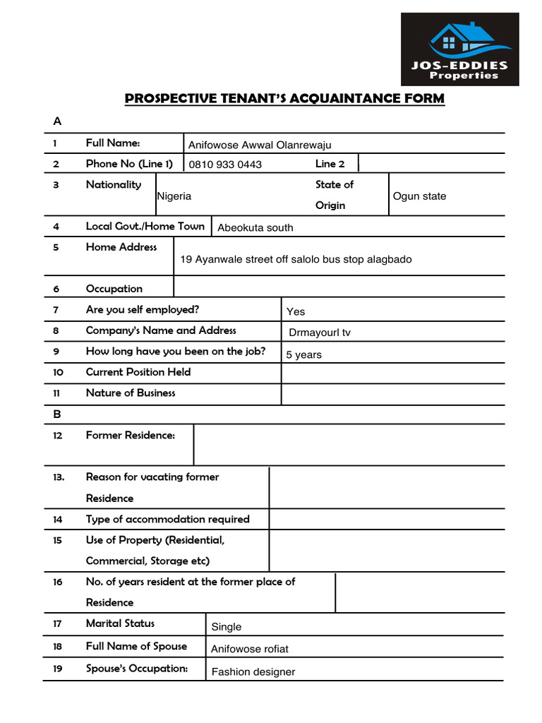 Jos-Eddies Properties Prospective Tenant's Acquaintance Form | PDF