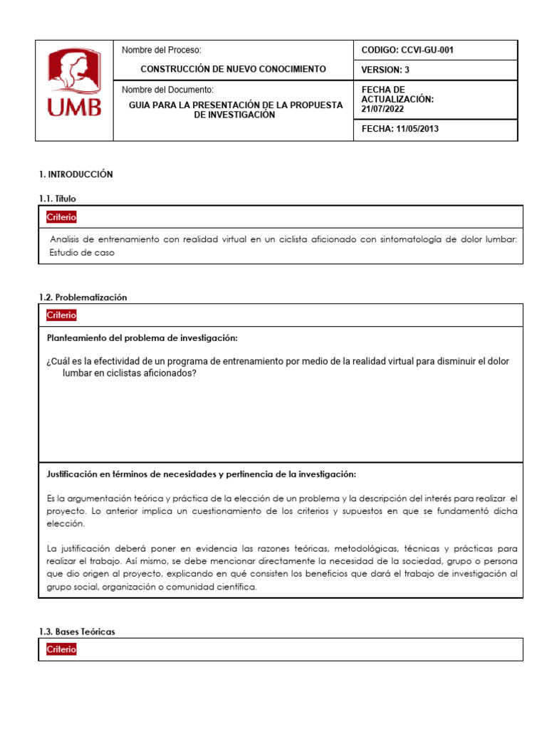 CCVI-GU-001 GUIA PARA LA PRESENTACION DE LA PROPUESTA DE INVESGACION v3 | Descargar gratis PDF ...