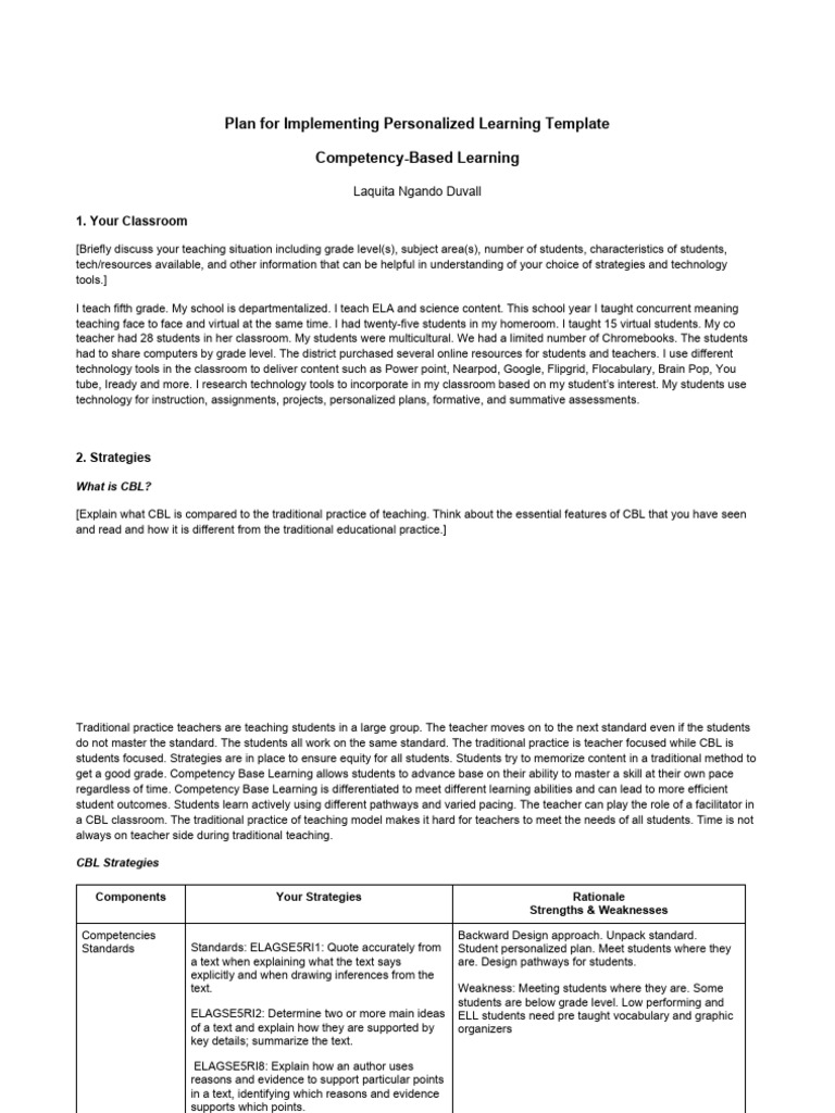 Duvall Plan For Implementing Personalized Learning CBL Itec 7600 | Download Free PDF ...