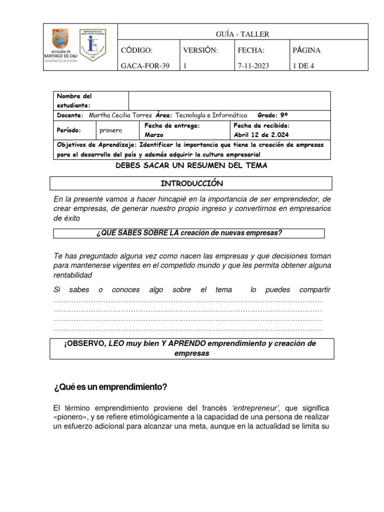 Guia De Aprendizaje De Emprendimiento Grado 9 Pdf Iniciativa
