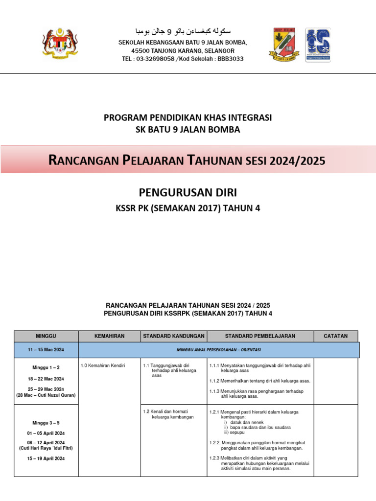 RPT Pengurusan Diri Tahun 4 2024-2025 | PDF