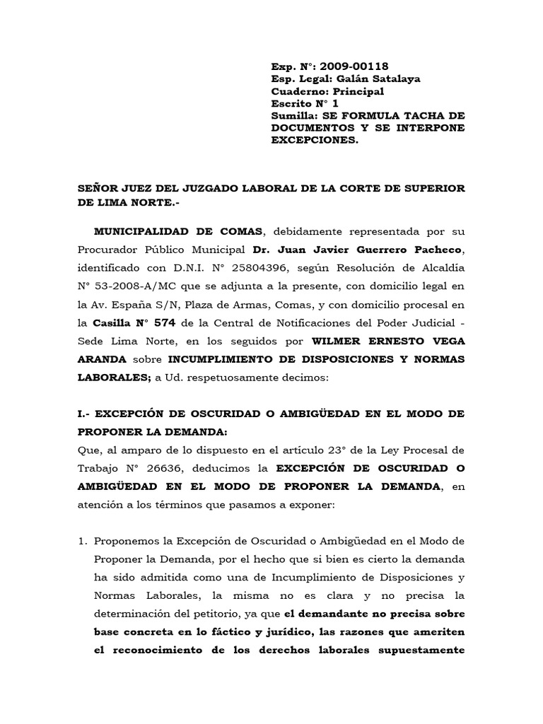 Tacha de Documentos y Excepciones Laborales | PDF | Derecho laboral | Ley procesal