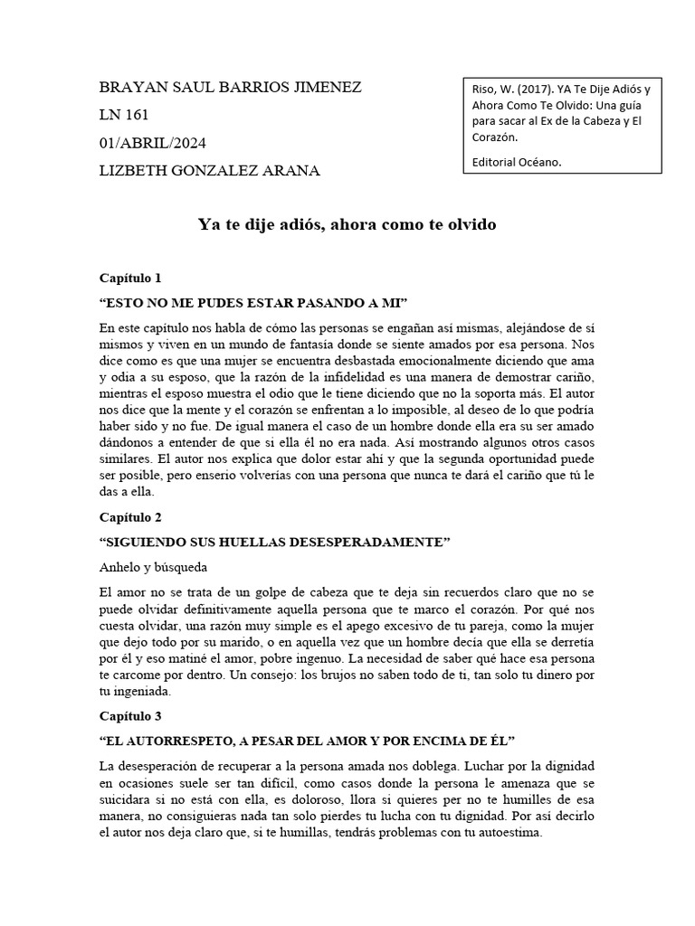 Resumen de Ya Te Dije Adios | Descargar gratis PDF | Amor | Felicidad