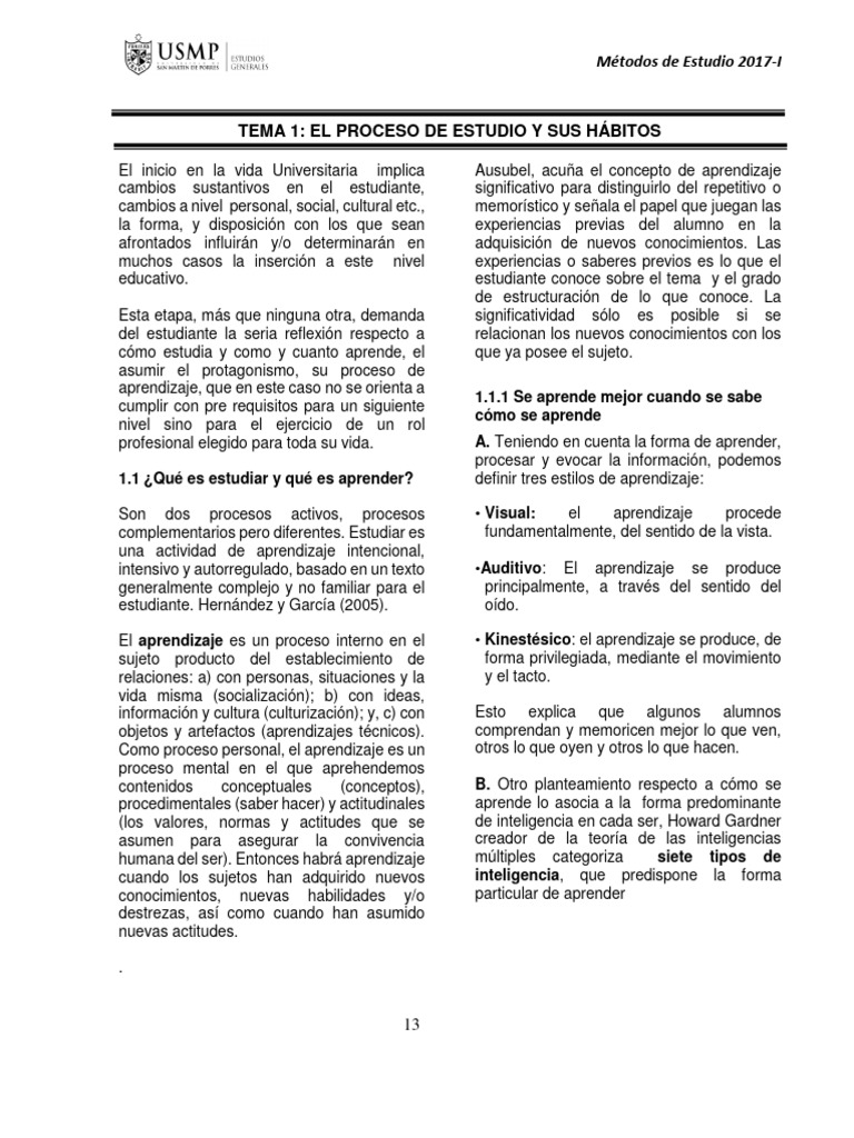 EL PROCESO DE ESTUDIO Y SUS HÁBITOS | PDF | Aprendizaje | Cognición