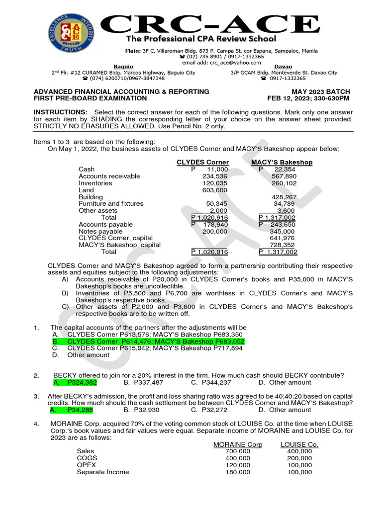 AFAR First Preboard May 2023 Batch | PDF | Balance Sheet | Debits And Credits