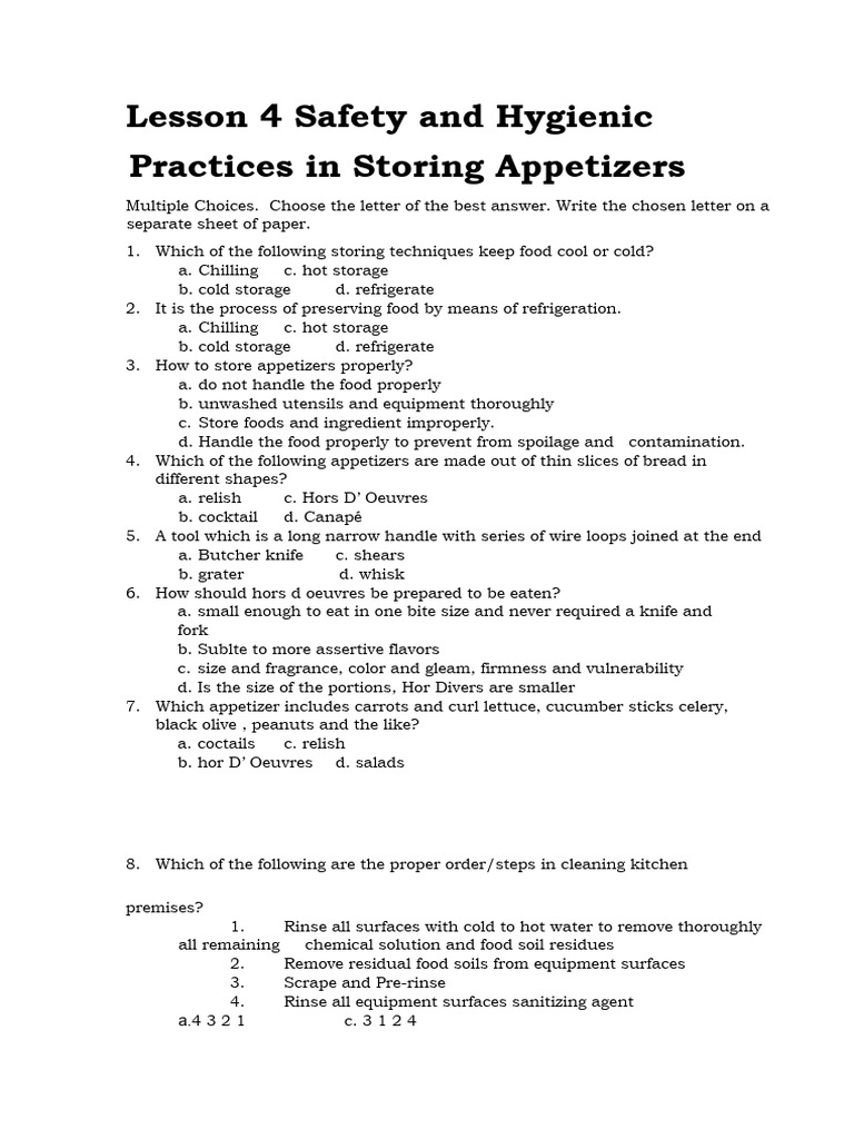 Lesson 4 Safety and Hygienic | PDF | Hors D'oeuvre | Foods