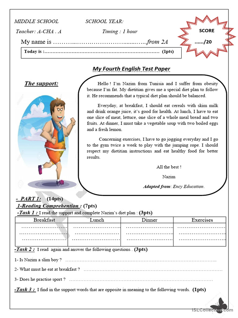 Middle School English Test Paper | PDF | Lunch | Meal