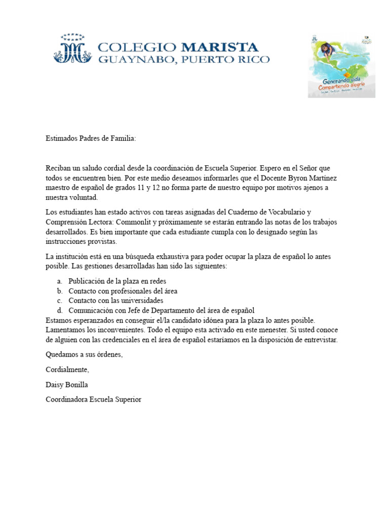 Carta A Padres-Maestro de Español | PDF