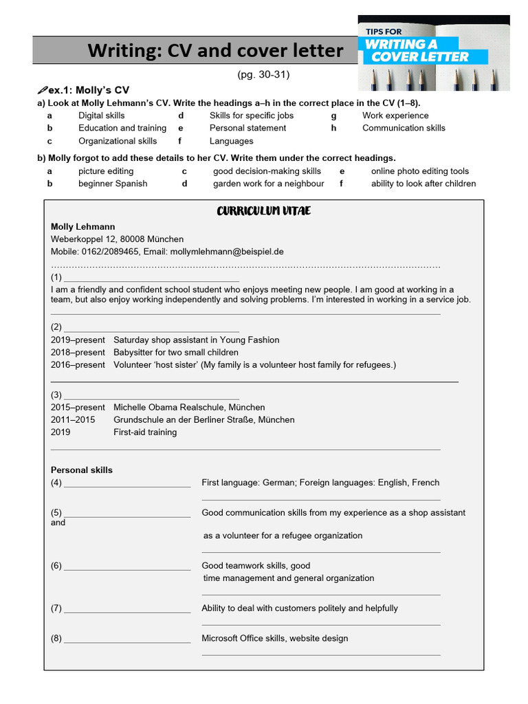 Curriculum Vitae and Cover Letter Writing Creative Writing Tasks ...