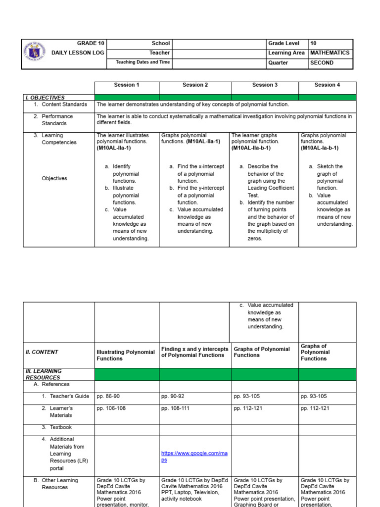Grade 10 DLL 2ND QUARTER | PDF | Zero Of A Function | Polynomial