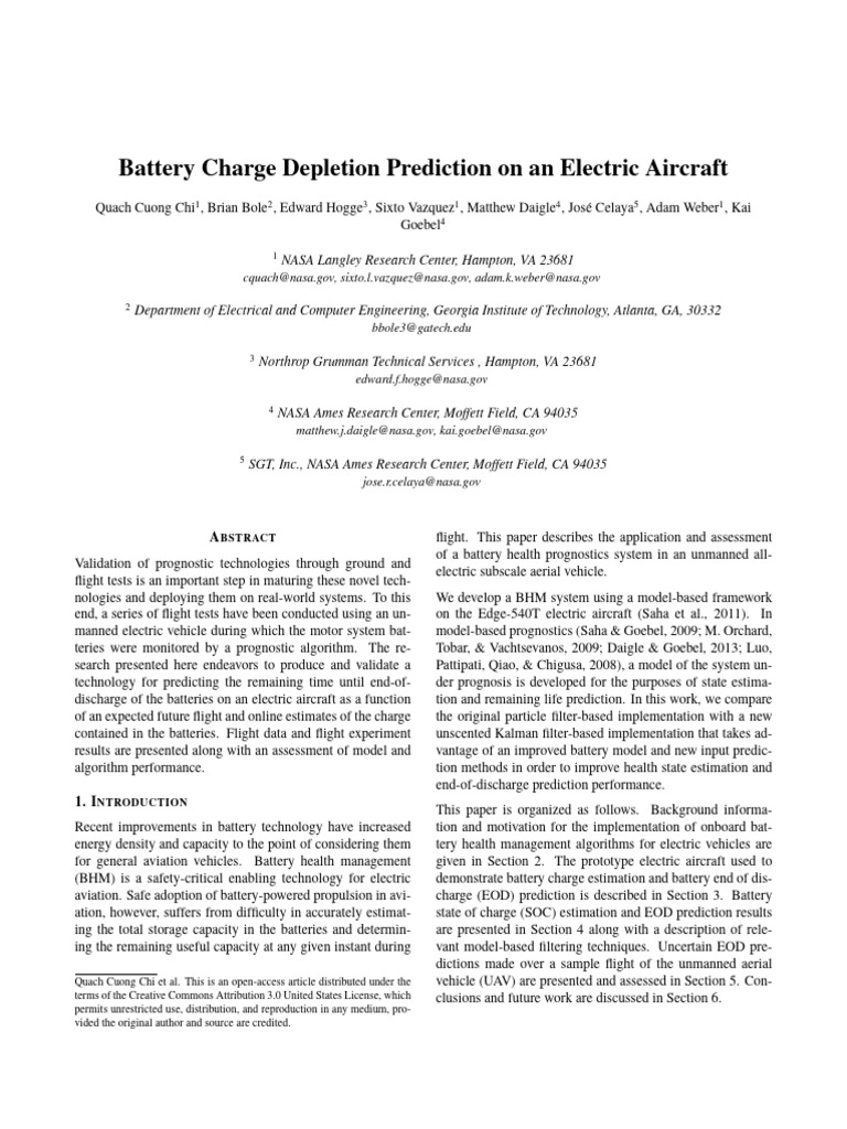 Battery Charge Depletion Prediction on an Electric Aircraft | PDF ...