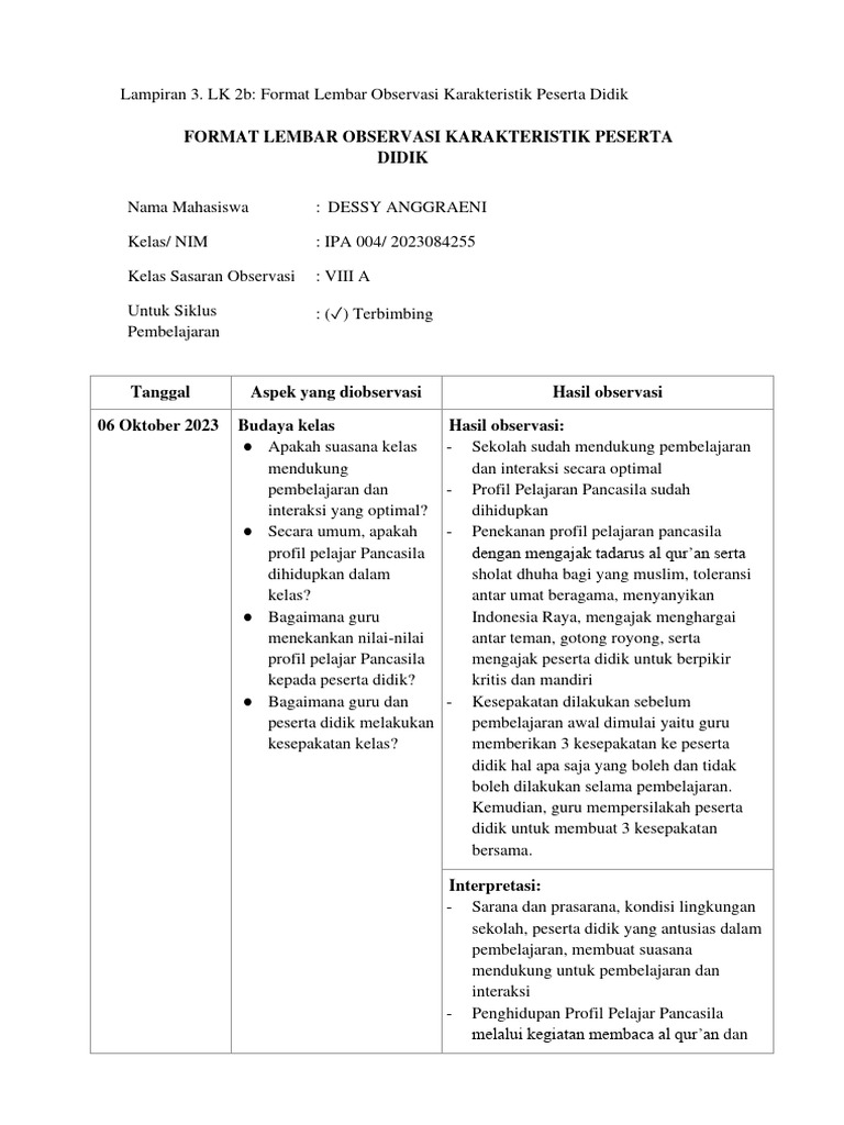 Lampiran 3. LK 2b Format Lembar Observasi Karakteristik Peserta Didik ...