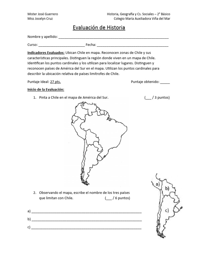 Evaluación - Historia 1 | PDF | Chile | Ciencias de la Tierra