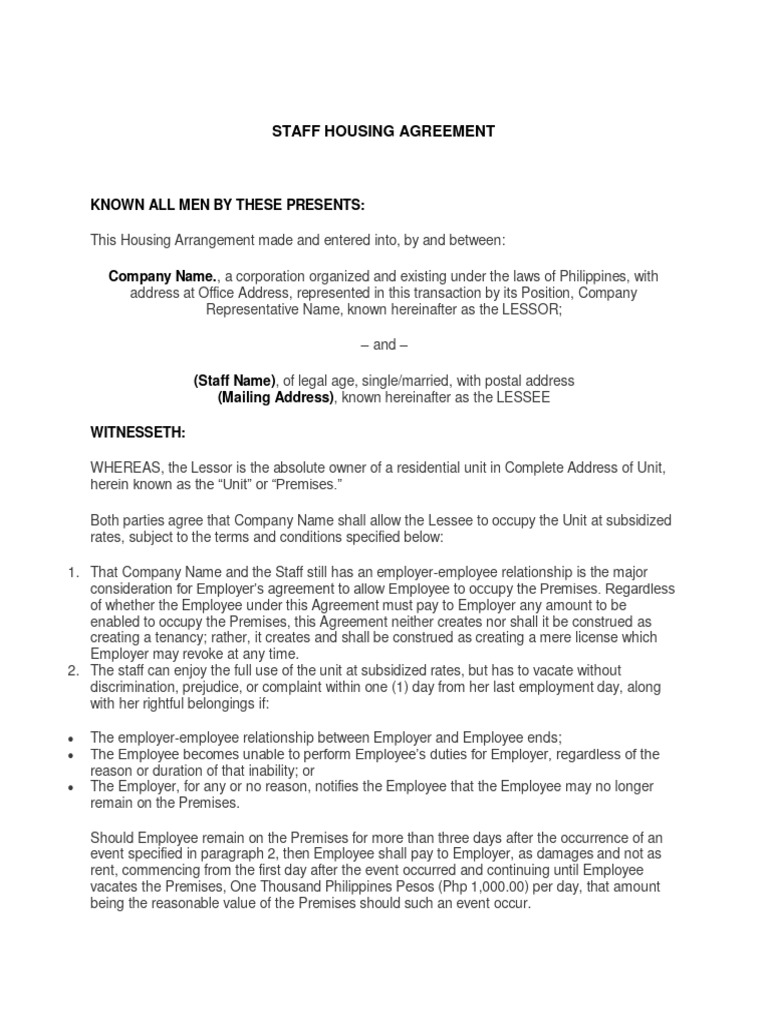 STAFF HOUSING AGREEMENT Part 1 | PDF | Lease | Employment