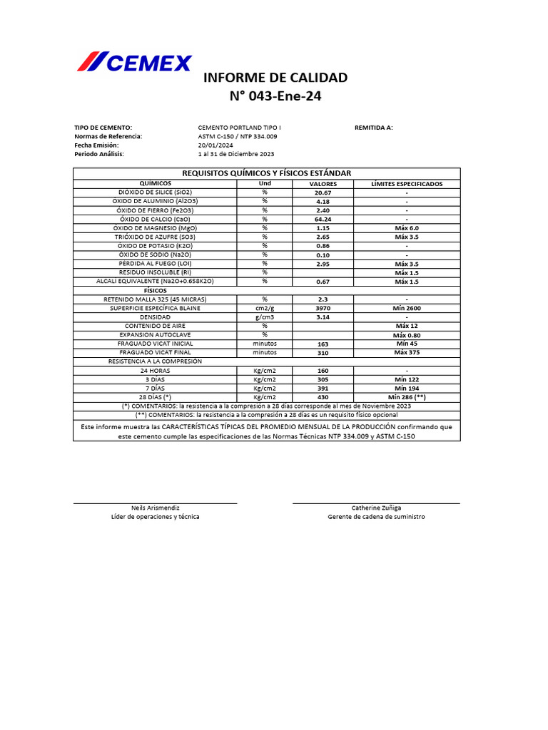 001-043 Informe de Calidad - Cemento Portland Tipo I - Enero 2024 | PDF | Conjuntos de elementos ...