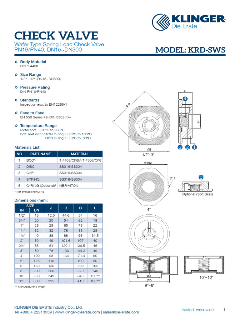 Klinger Wafer Type Check Valve Specs | PDF | Valve | Hydraulics