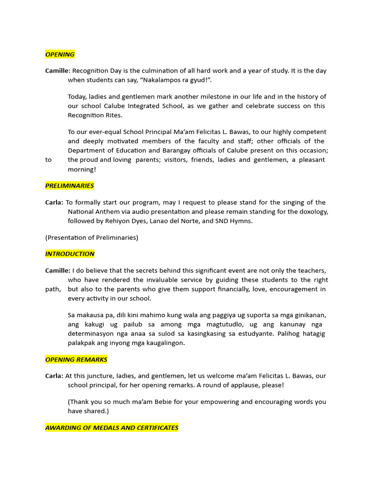 Recognition Emcee Script 2022-2023 | PDF