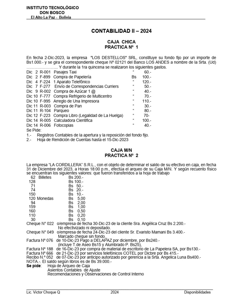 PRACTICA 1 DISPONIBLES para EXAMEN 2024 - DON BOSCO P1 | PDF | Contabilidad