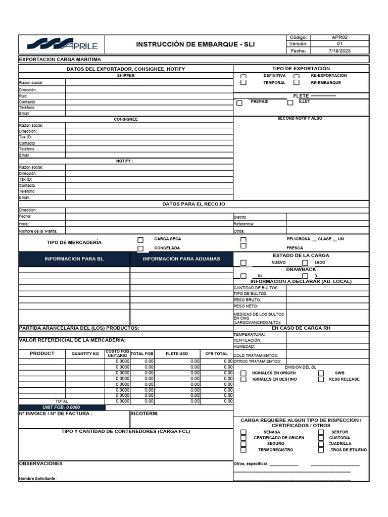 FORMATO INSTRUCCIONES DE EMBARQUE SLI | PDF | El comercio internacional