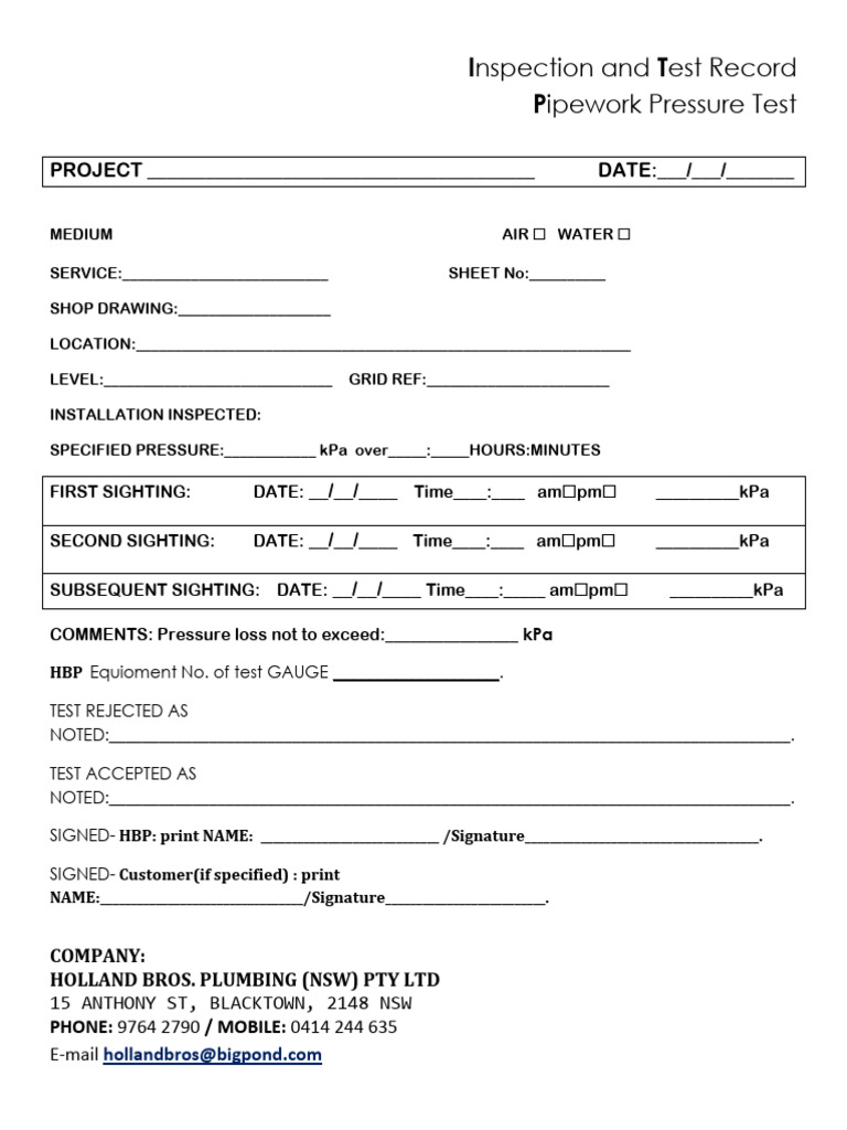 Pipework Pressure Test Record Template | PDF