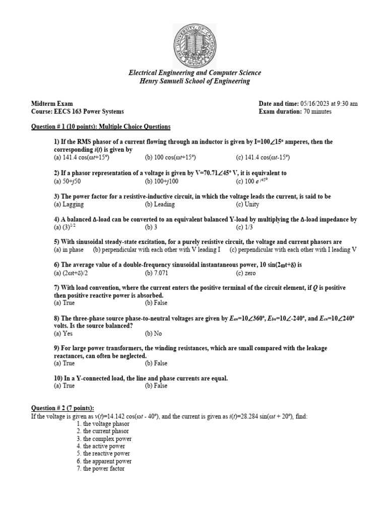 EECS 163 UCI Midterm Spring 2023 | PDF | Transformer | Electrical Impedance