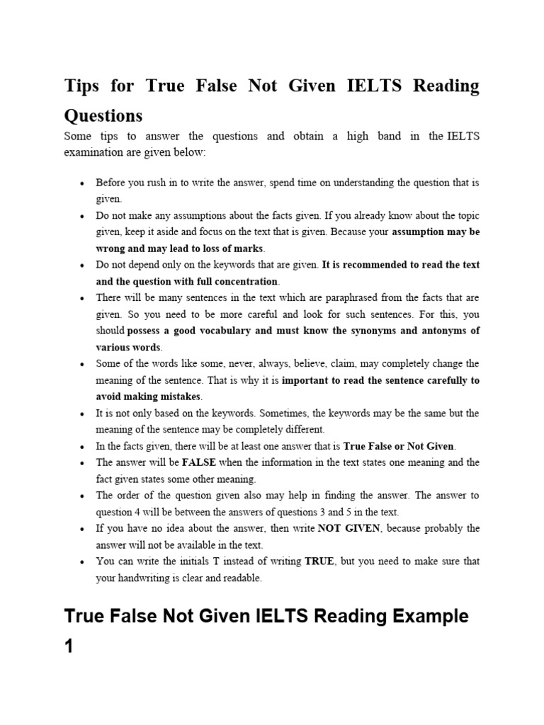 Tips For True False Not Given IELTS Reading Questions | PDF | Dream ...