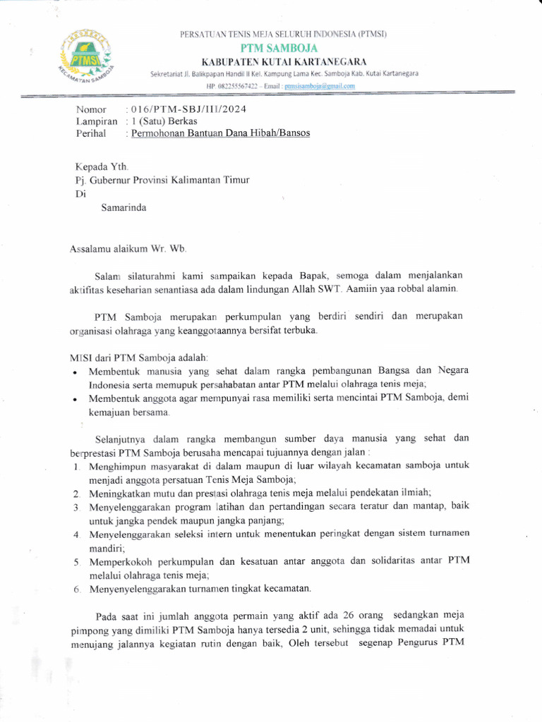 Proposal Hibah Meja Tenis Meja PTM Samboja | PDF | Olahraga & Rekreasi