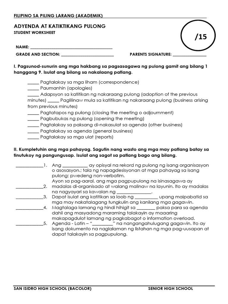 WORKSHEET - FPL - Adyenda at Katiktikang Pulong | PDF