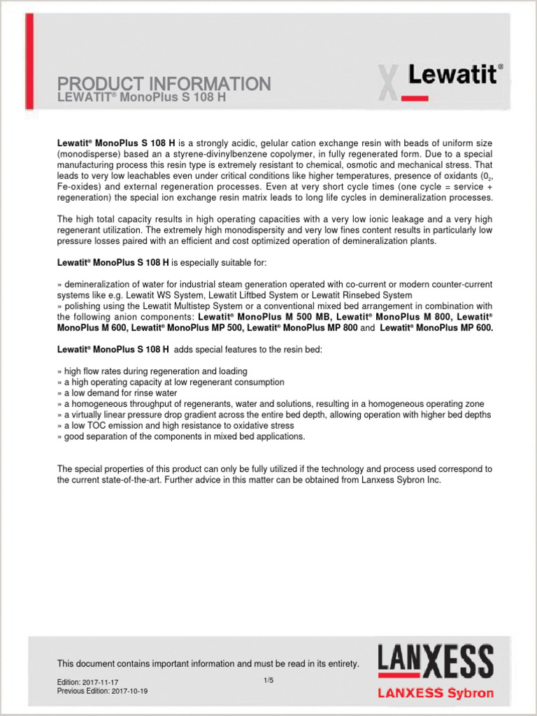 Lewatit Monoplus S 108 H | PDF | Water | Safety