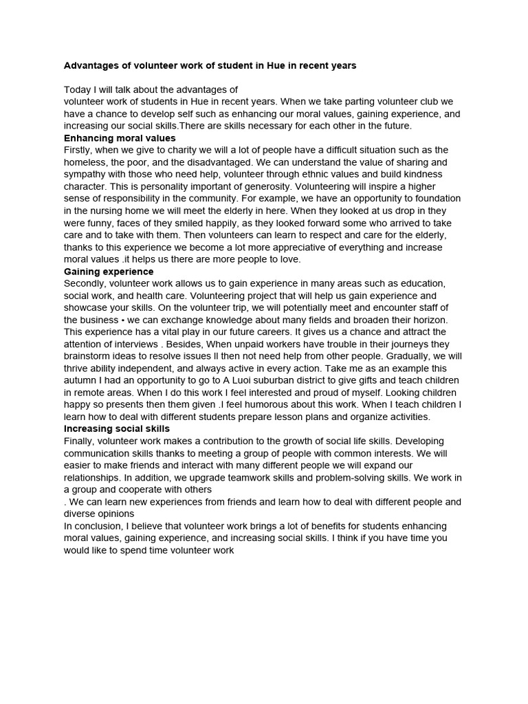 Advantages of Volunteer Work of Students in Hue in Recent Years | PDF ...