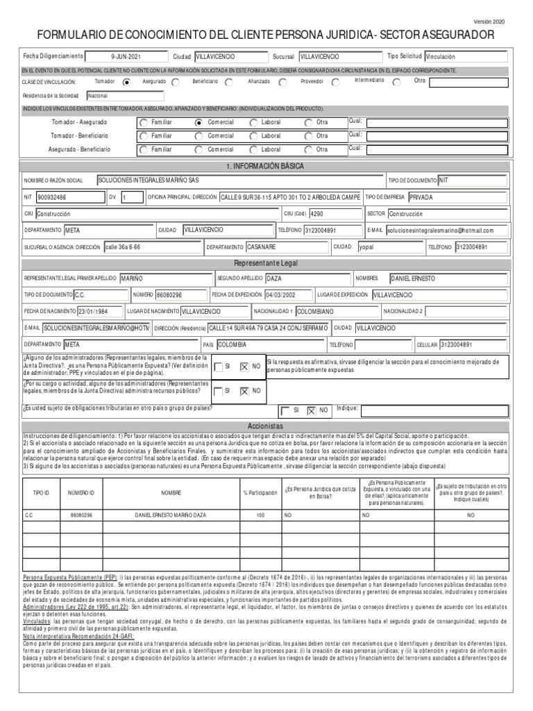 Formulario de conocimiento PJ 2020 | PDF | Seguro | Póliza de seguros