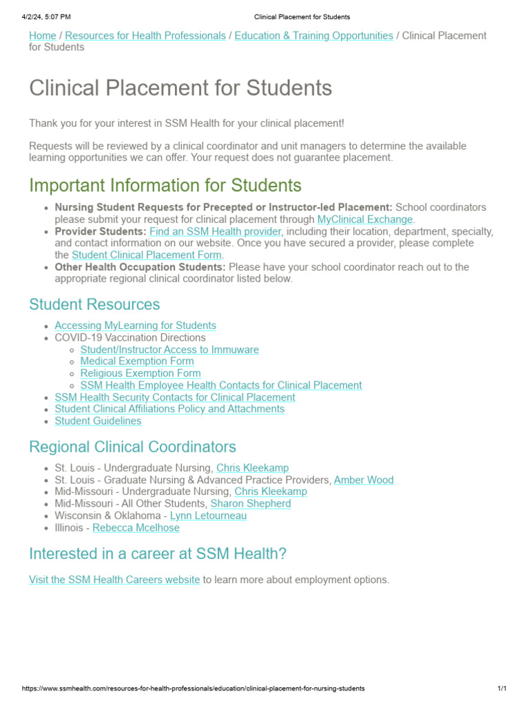 SSM Health Clinical Placement Guide | PDF | Career & Growth | Self ...