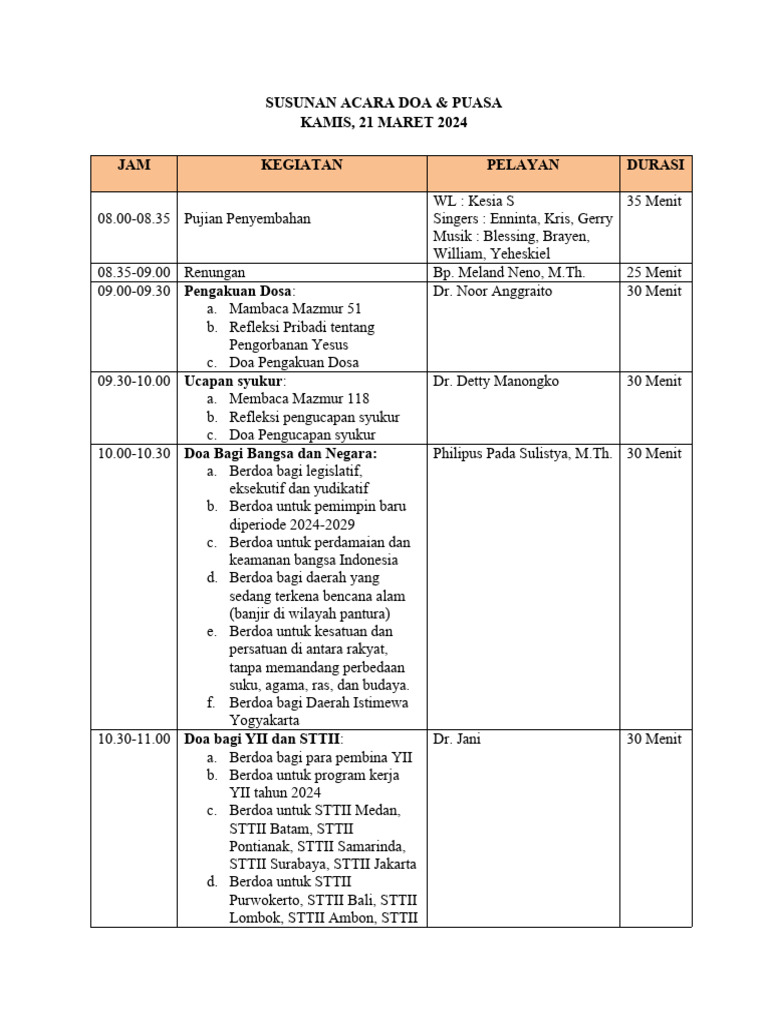 Susunan Acara Doa & Puasa - 21 Maret 2024 | PDF
