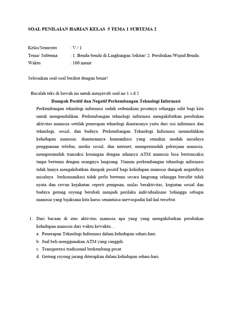 3.soal Penilaian Harian Kelas 5 Tema 1 Subtema 1 | PDF