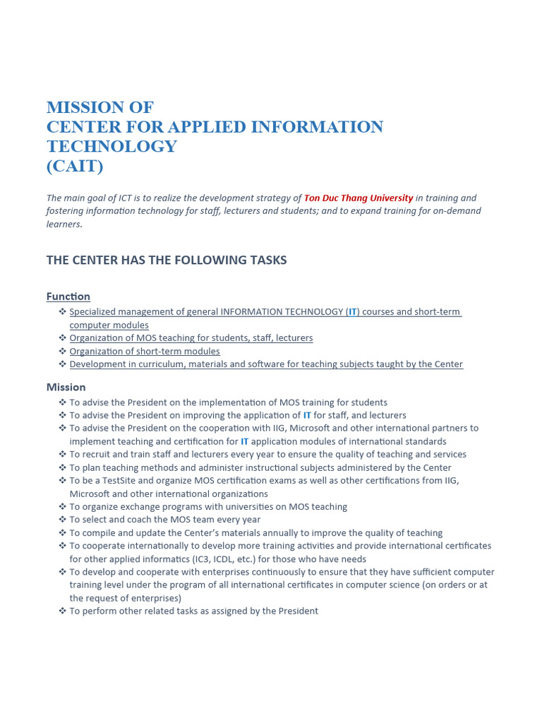 Mission of Center For Applied Information Technology (CAIT) : The Center Has The Following Tasks ...