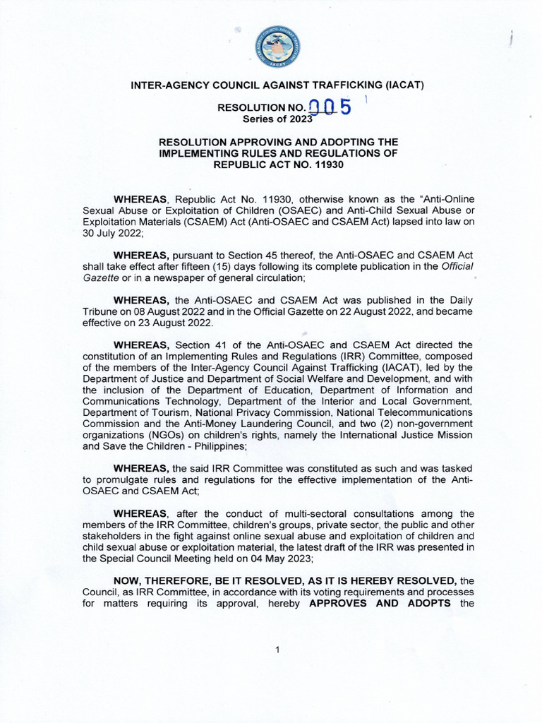 Resolution Approving and Adopting The IRR of RA 11930 | PDF