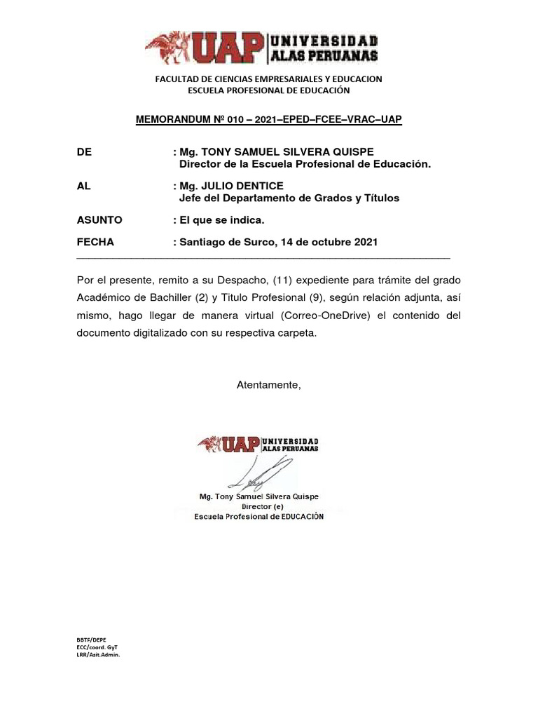 Memo 010-2021 - Grados y Titulos | PDF